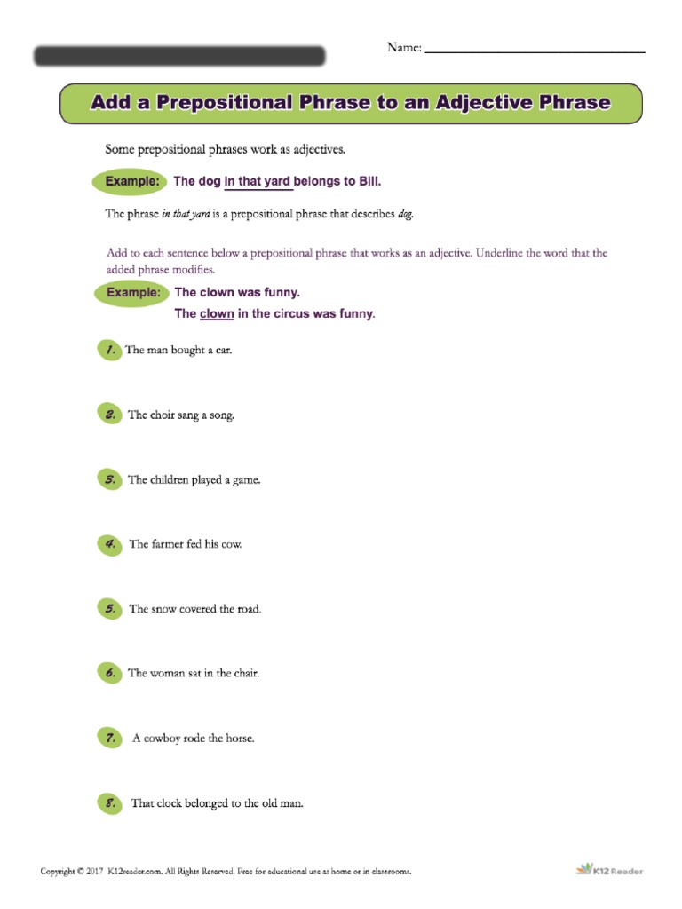 Prepositional Phrase As An Adjective Phrase Printable Activity | PDF