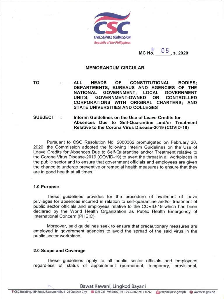 MC No. 05, S. 2020 PDF | PDF | Sick Leave | Quarantine