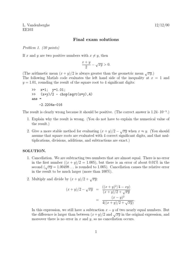 Final Exam Solutions Solution Pdf Numerical Analysis Teaching