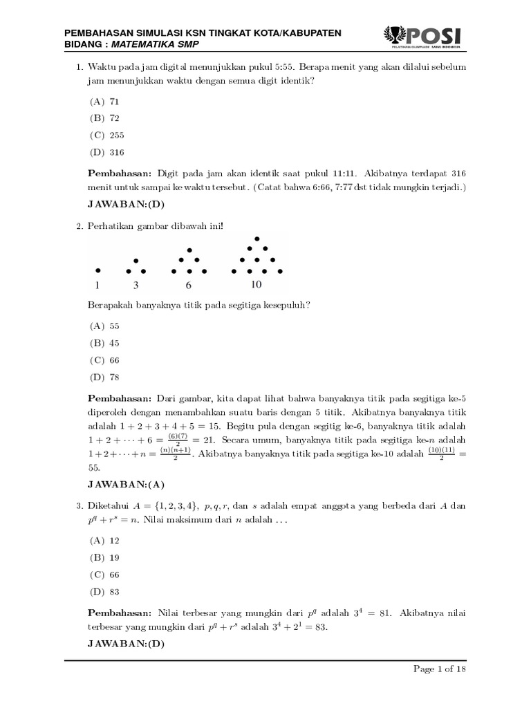 Pembahasan Soal KSN Online Posi 2020 - Matematika SMP | PDF
