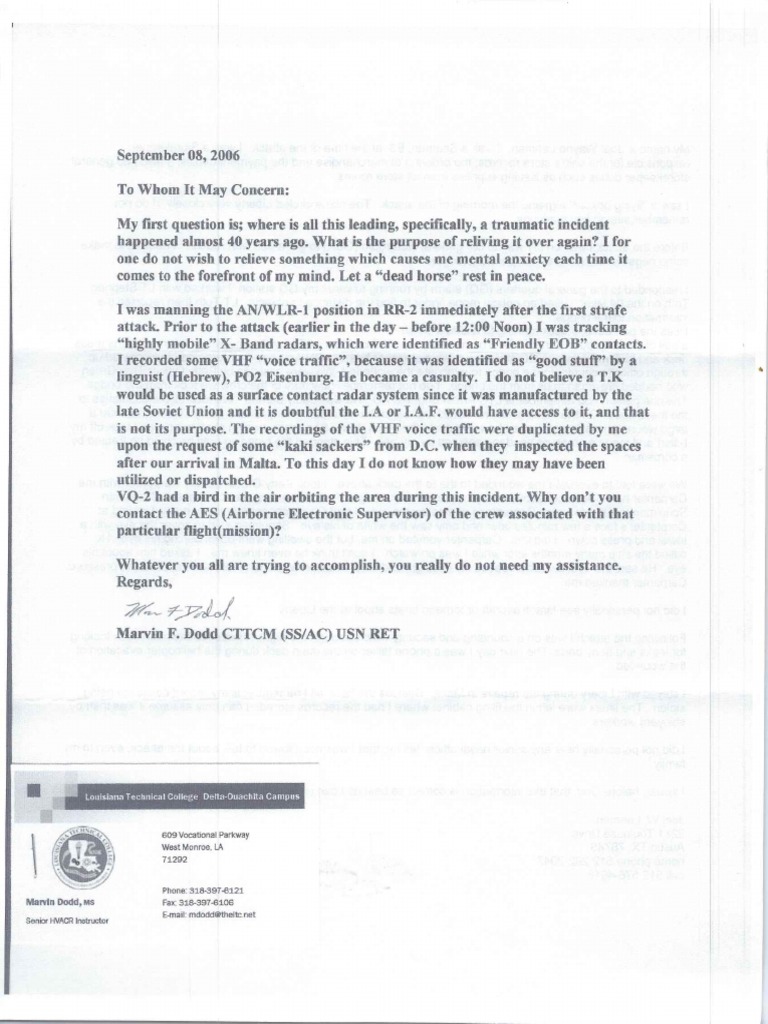 USS Liberty: USS Liberty Survivor Marvin Dodd Statement | PDF