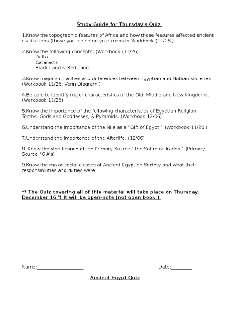 Study Guide Ancient Egyptian Quiz | PDF | Nile | Ancient Egypt