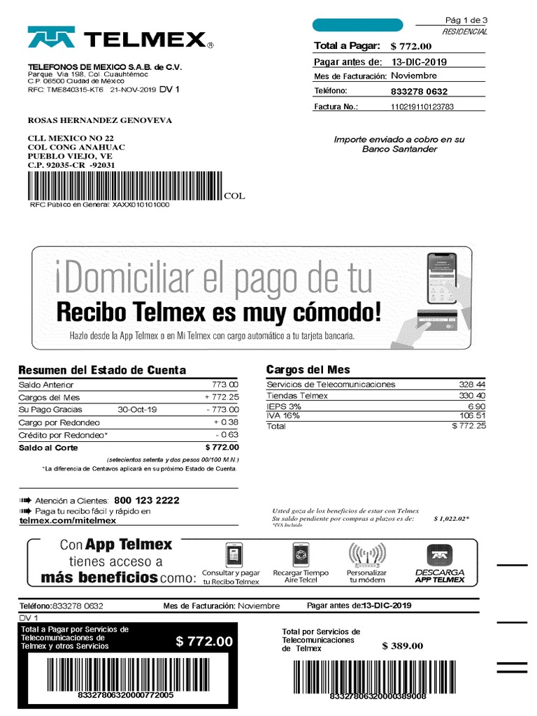 Factura Telmex: Saldo y Beneficios | PDF