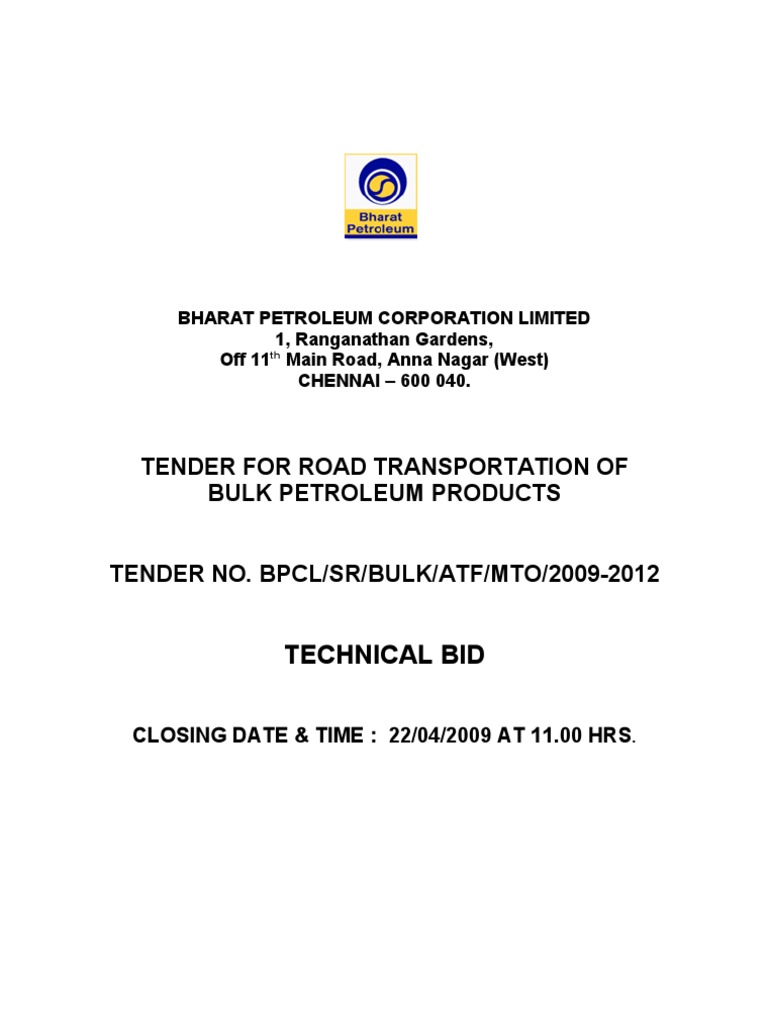 Tender For Road Transportation of Bulk Petroleum Products: Technical ...