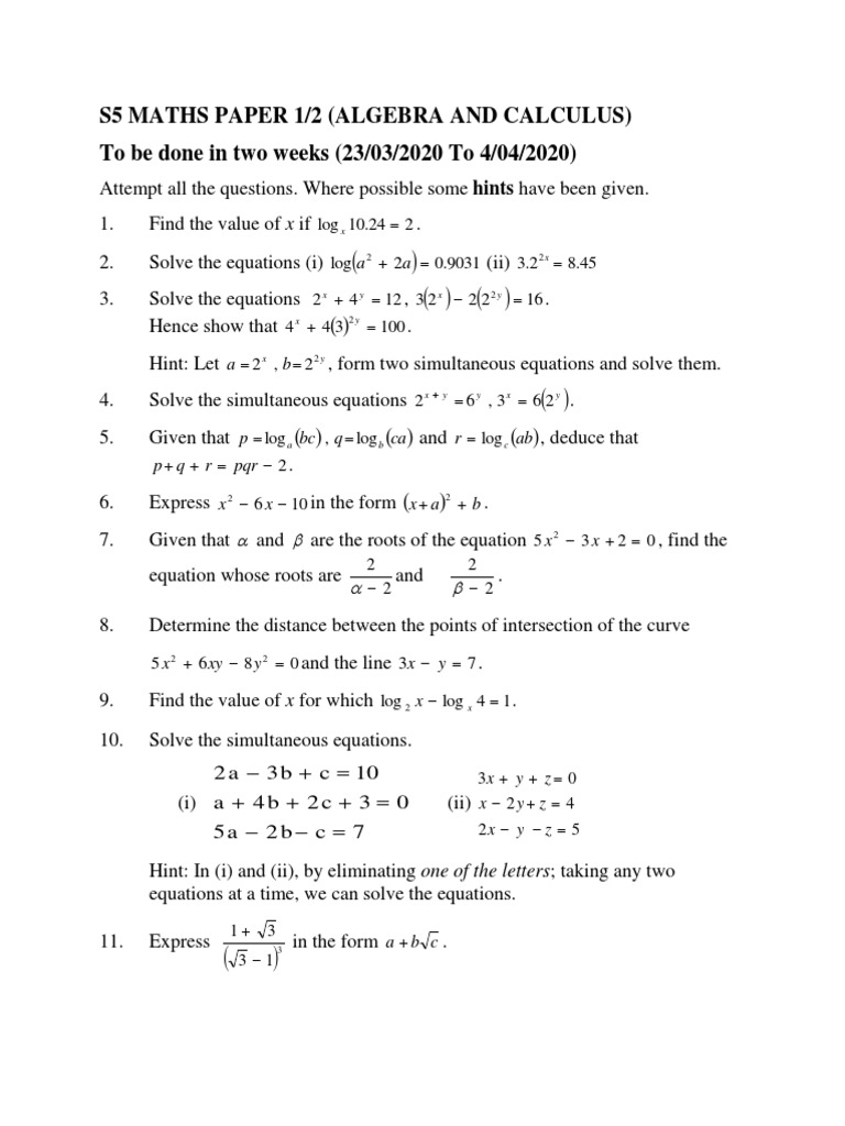S5 Maths Paper 1 2020 Term 1 Corona PDF | PDF | Equations | Triangle