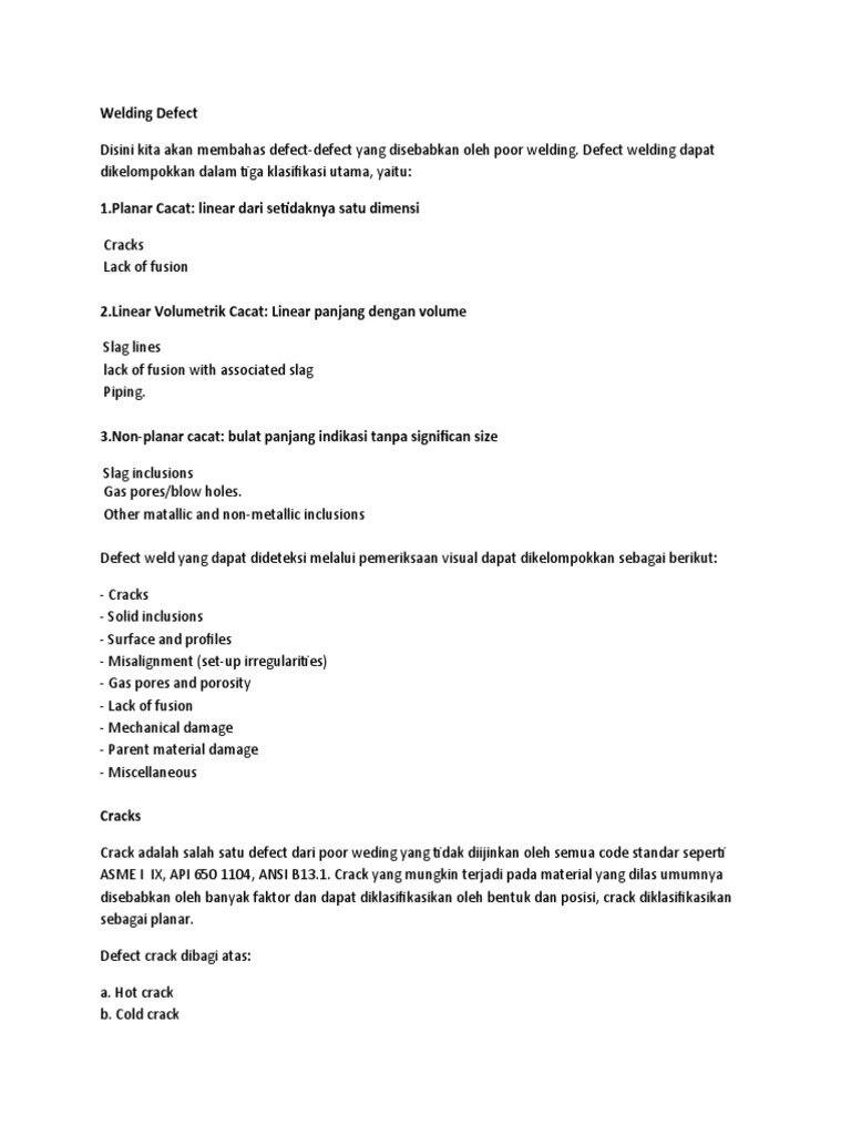Defect Welding: Jenis, Penyebab, dan Pencegahan | PDF