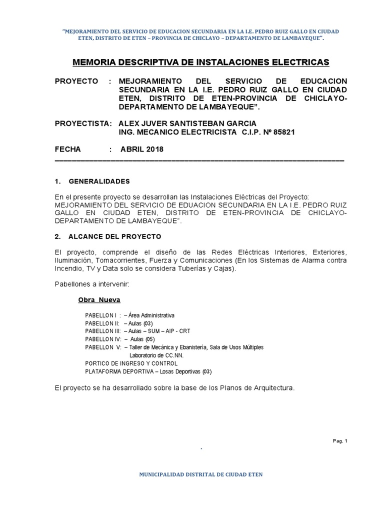 Memoria Descriptiva de Instalaciones Electricas | PDF | Resistencia Eléctrica y Conductancia ...