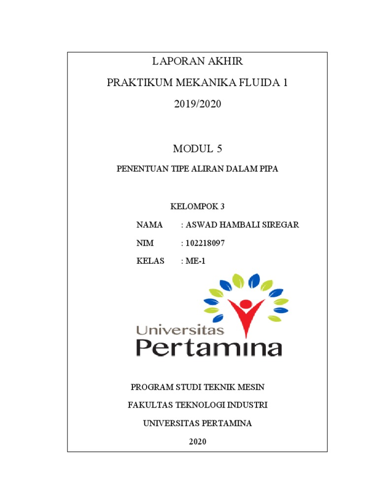 Modul 5 Mekflu "Penentuan Tipe Aliran Dalam Pipa" | PDF