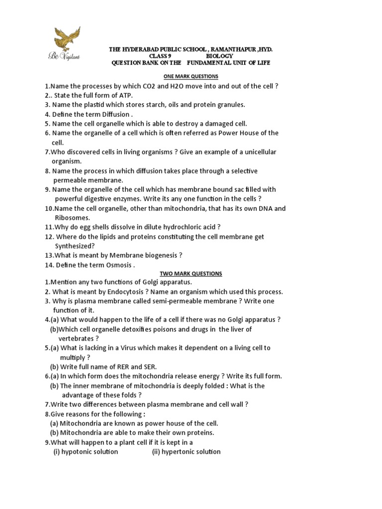 Class 9 Biology: Cell Question Bank | PDF | Eukaryotes | Cell (Biology)