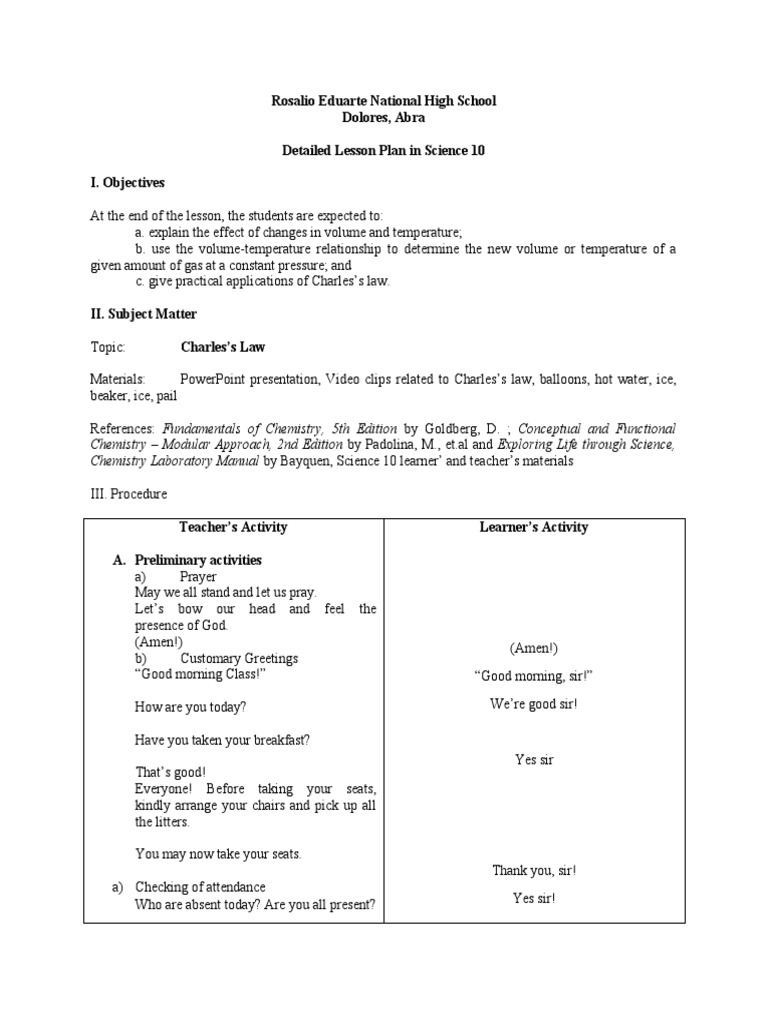 Detailed Lesson Plan in Science 10 Charles Law | PDF | Gases | Temperature
