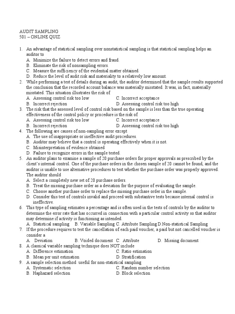 501 On Line Quiz Audit Sampling | PDF | Sampling (Statistics) | Internal Control