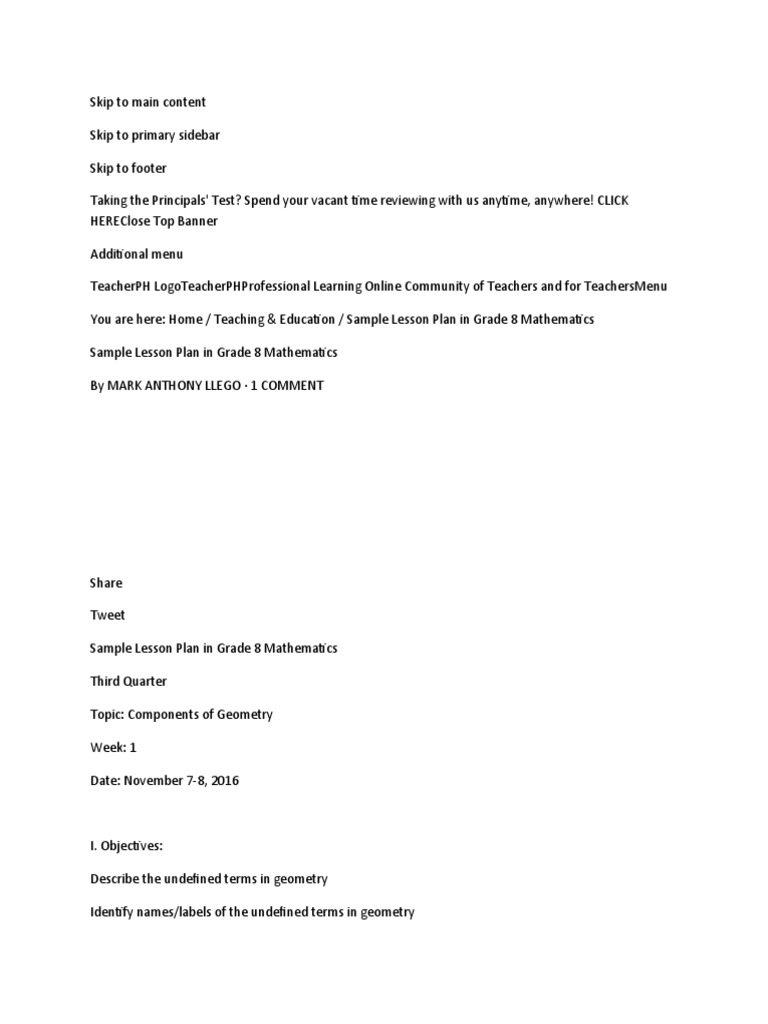 Lesson Plan Math 8 | Download Free PDF | Geometry | Logic