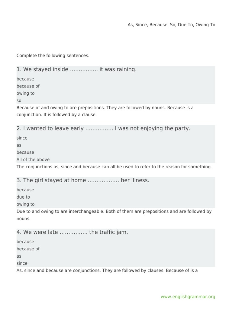 Conj As, Since, Because, So, Due To, Owing To | PDF | Language ...