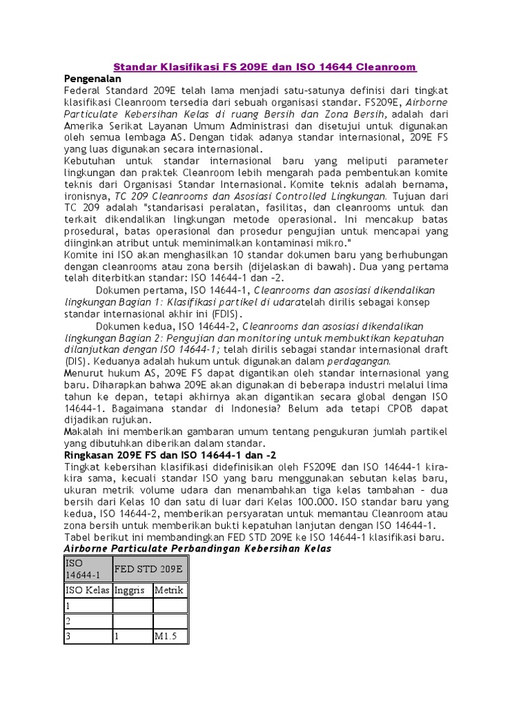 Standar Klasifikasi FS 209E Dan ISO 14644 Cleanroom | PDF