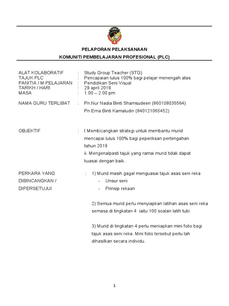 Laporan PLC 2019 - Lulus 100% Bagi Kertas 1 Menengah Atas | PDF