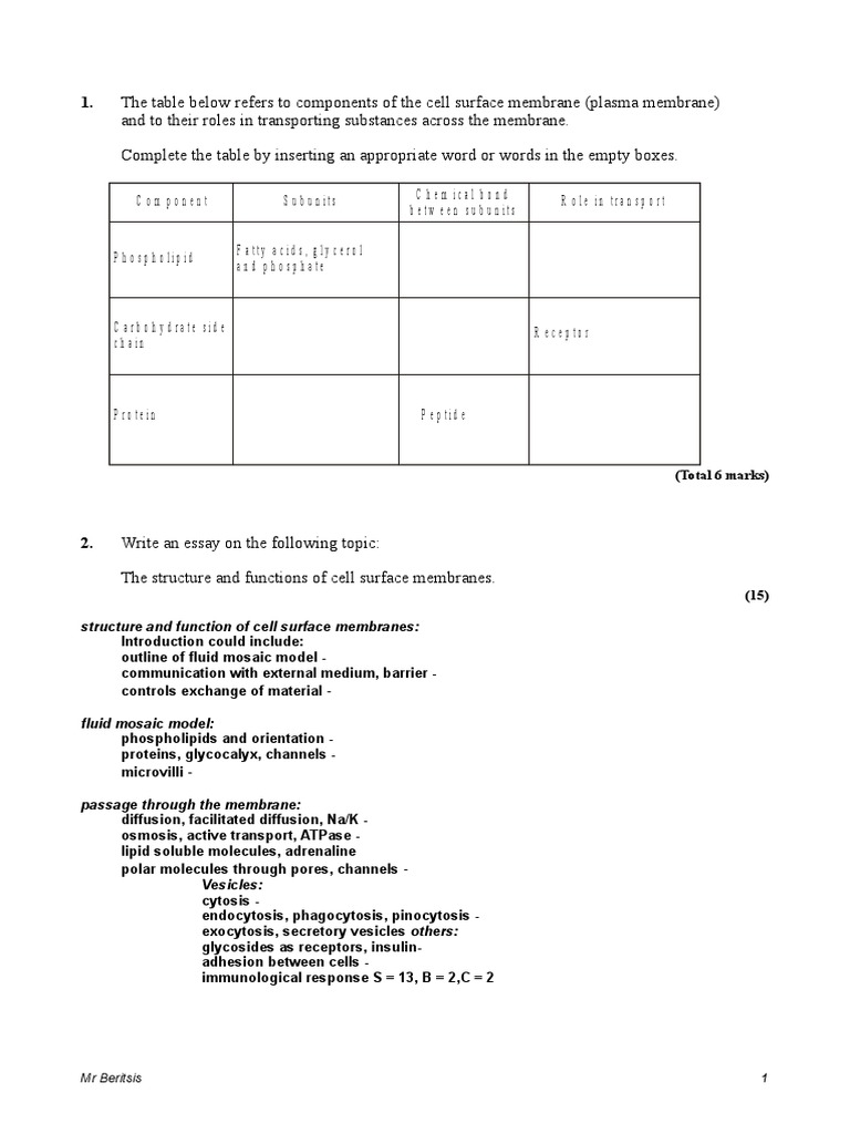 Cell Membranes Questions | PDF | Cell Membrane | Cell Biology