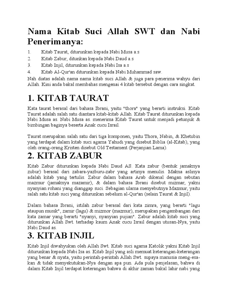 Nama Kitab Suci Allah SWT Dan Nabi Penerimanya | PDF