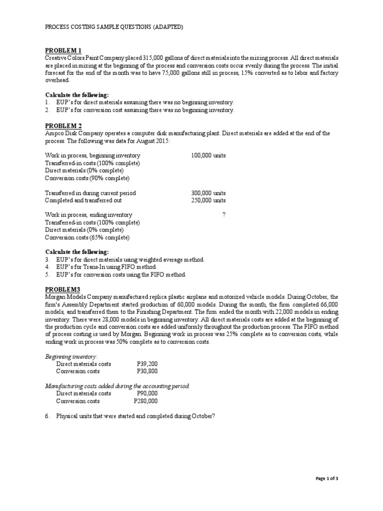 Process Costing Practice Problems | PDF | Inventory | Supply Chain ...
