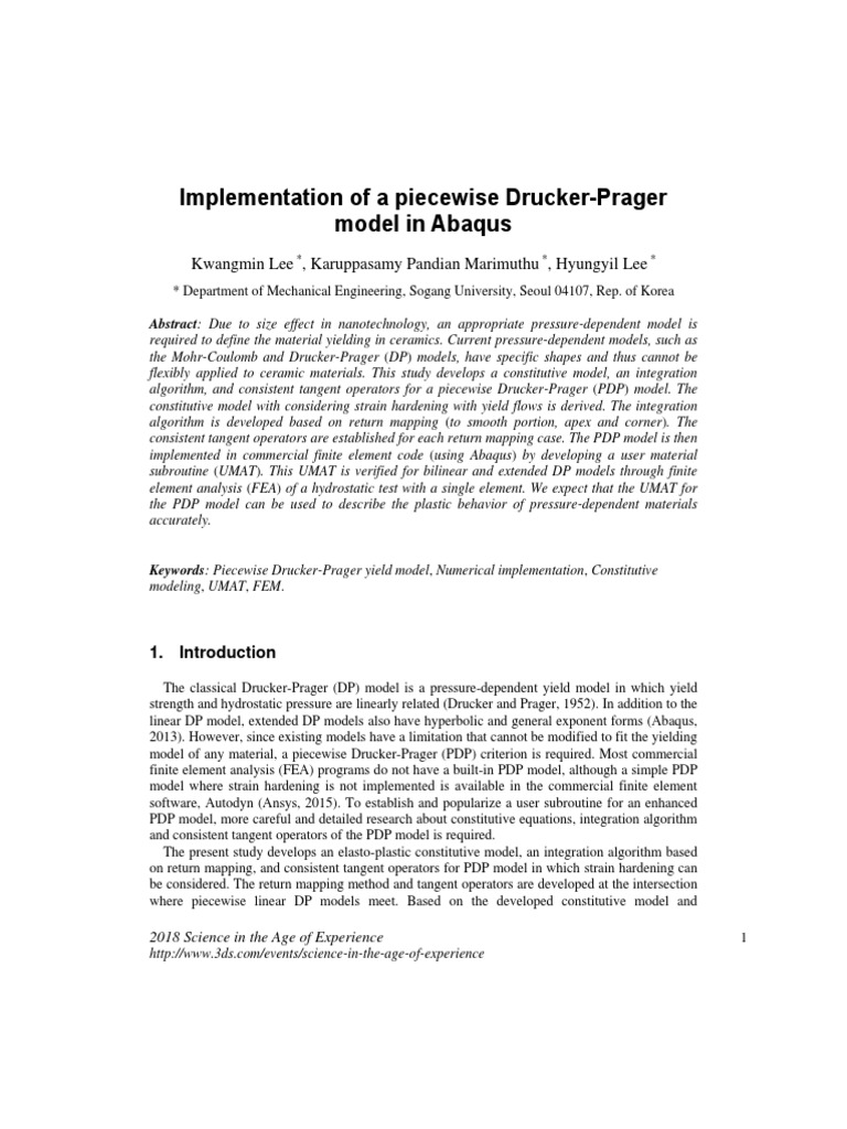 Implementation of A Piecewise Drucker-Prager Model in Abaqus | PDF ...