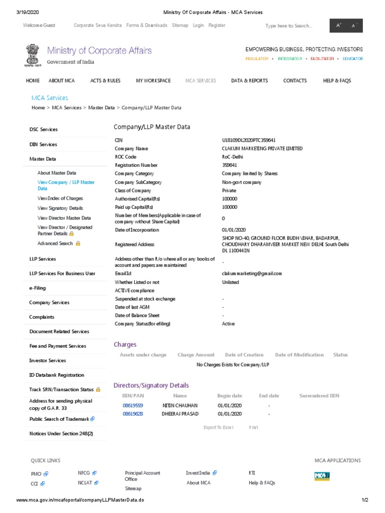 Ministry of Corporate Affairs - MCA Services PDF | PDF | Business ...