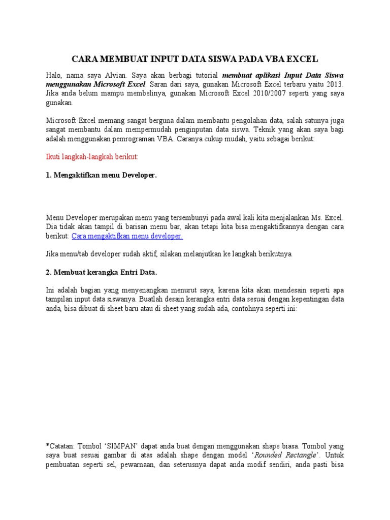 Cara Membuat Input Data Siswa Pada Vba Exce1 | PDF