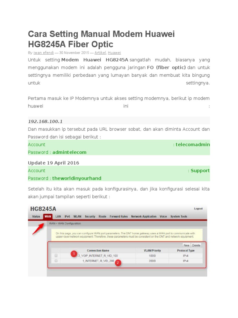Cara Setting Manual Modem Huawei HG8245A Fiber Optic | PDF