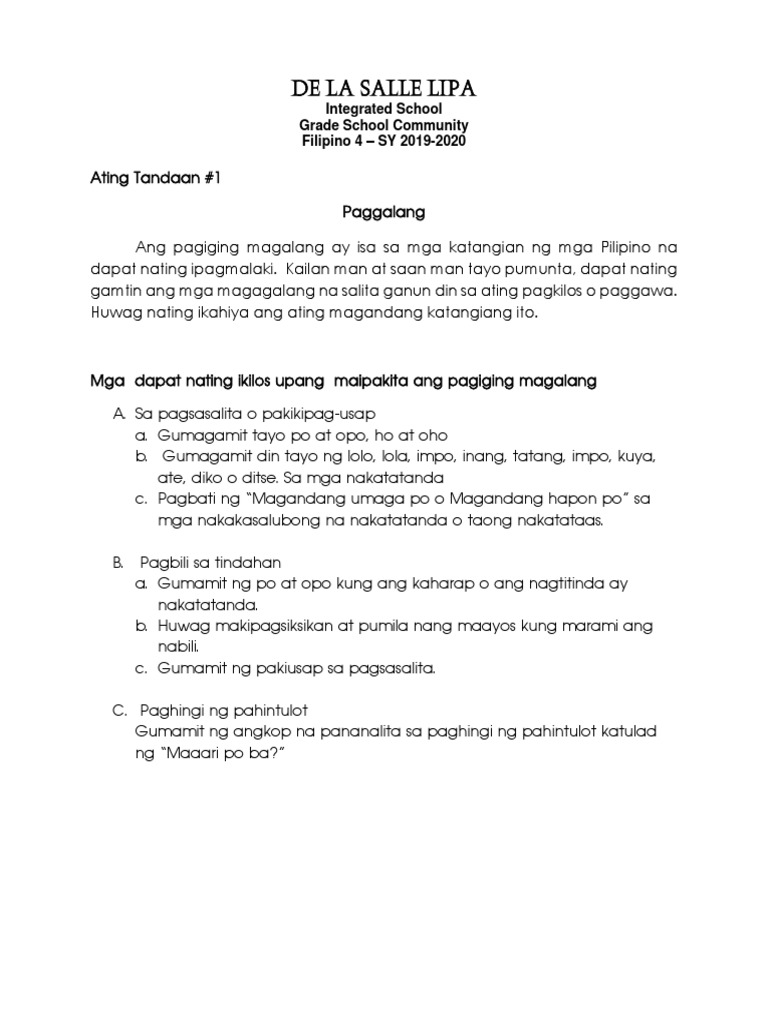 Ating Tandaan #1 - Paggalang PDF | PDF