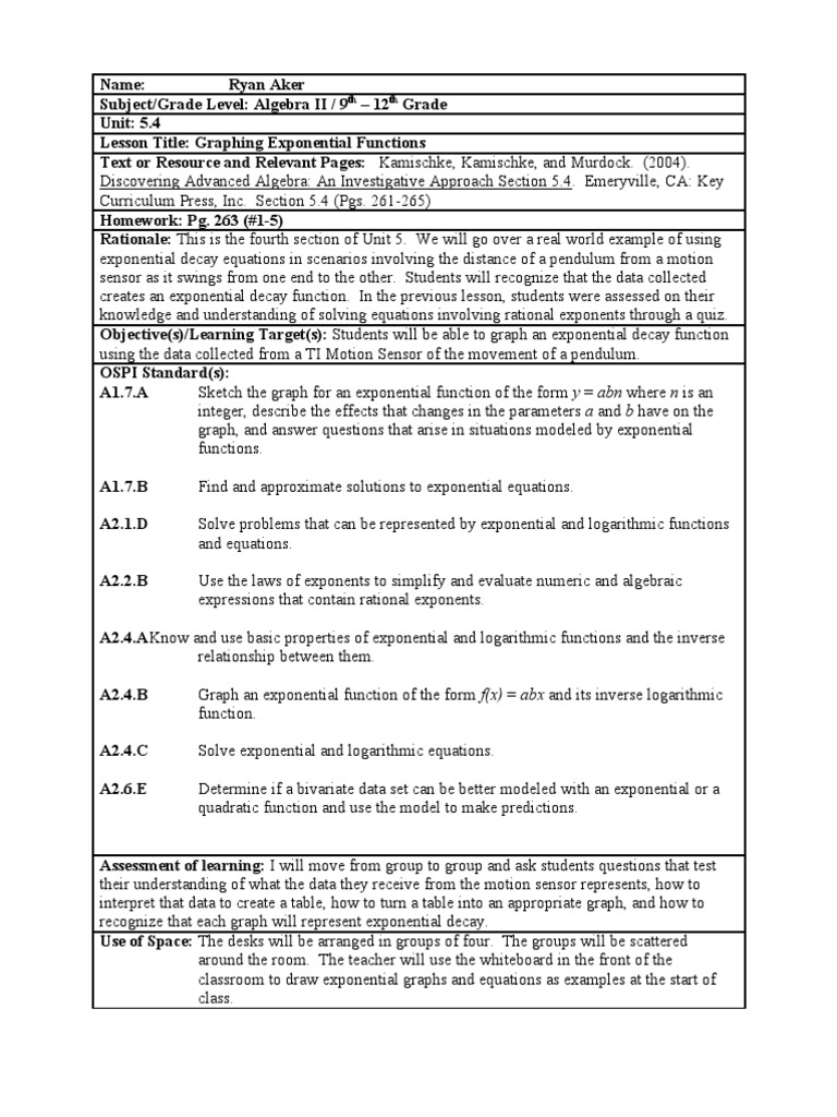 Algebra 2 Lesson Plan 5.4 | PDF | Exponential Function | Exponentiation