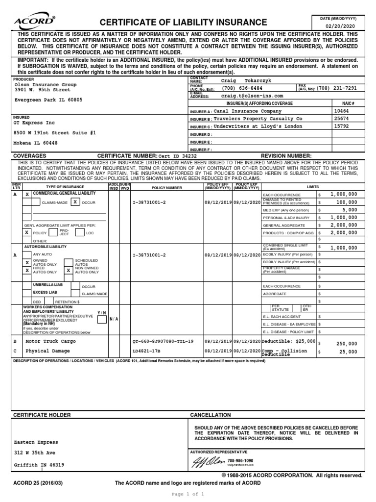 Updated COI | PDF | Liability Insurance | Insurance