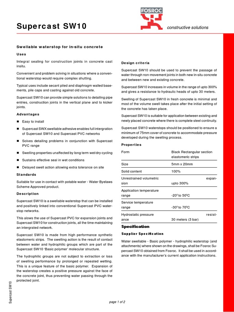 TDS-Supercast-SW10 Waterstop | PDF | Polyvinyl Chloride | Concrete