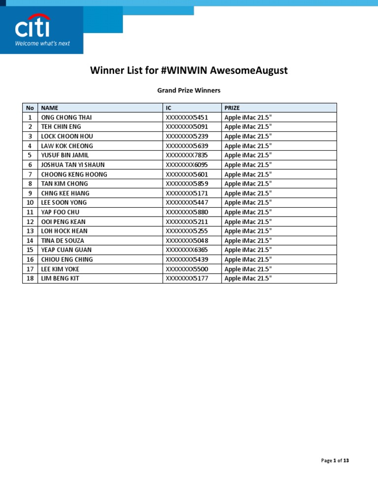 #WINWIN AwesomeAugust Winners List | PDF | Business | Leisure