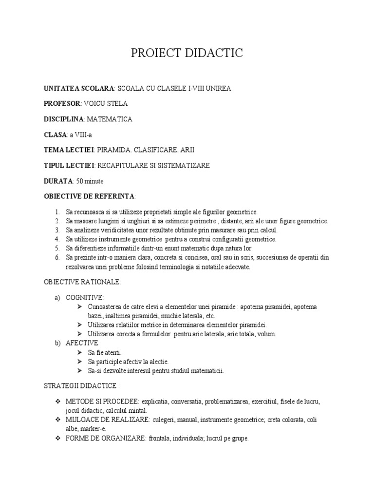 Proiect Didactic Piramida. Clasificare. Arii | PDF