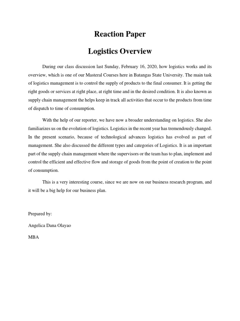Reaction Paper For Logistics Overview | PDF