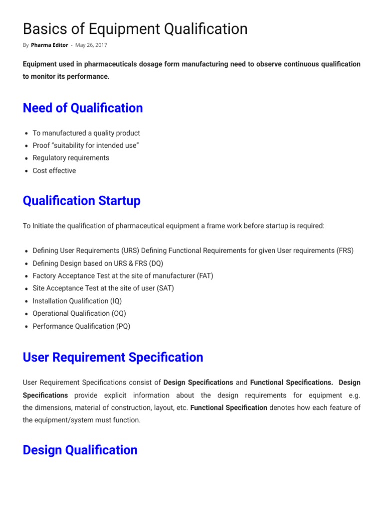 Basics of Equipment Qualification - Pharma Pathway PDF | PDF ...
