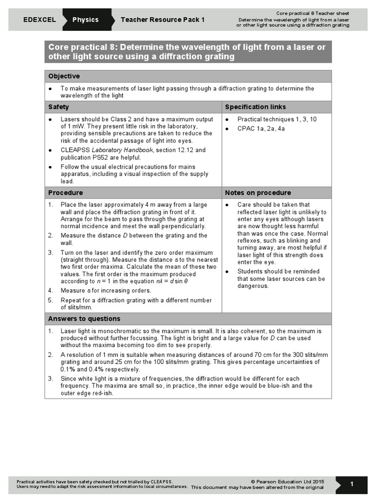 AS and A Level Physics Core Practical 8 - Wavelength of Light (Student, Teacher, Technician ...
