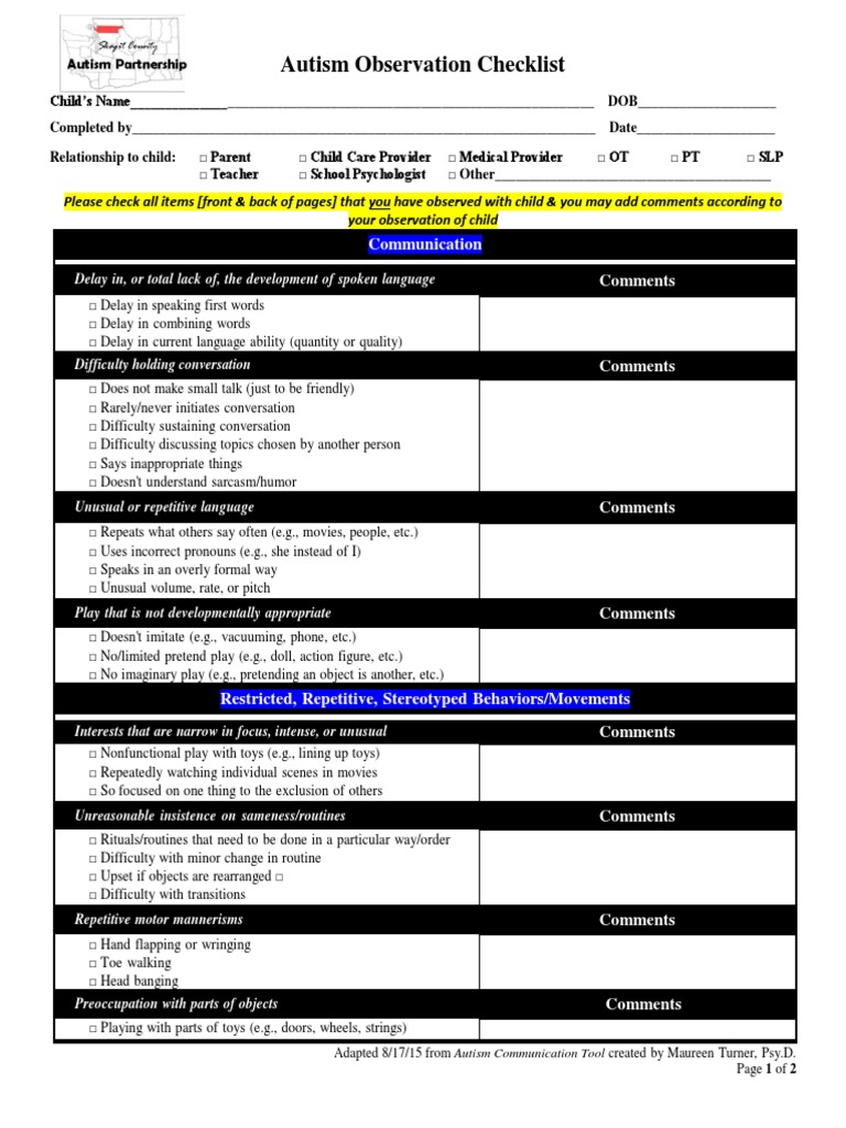 SMART Observation Checklist | PDF | Autism | Toys
