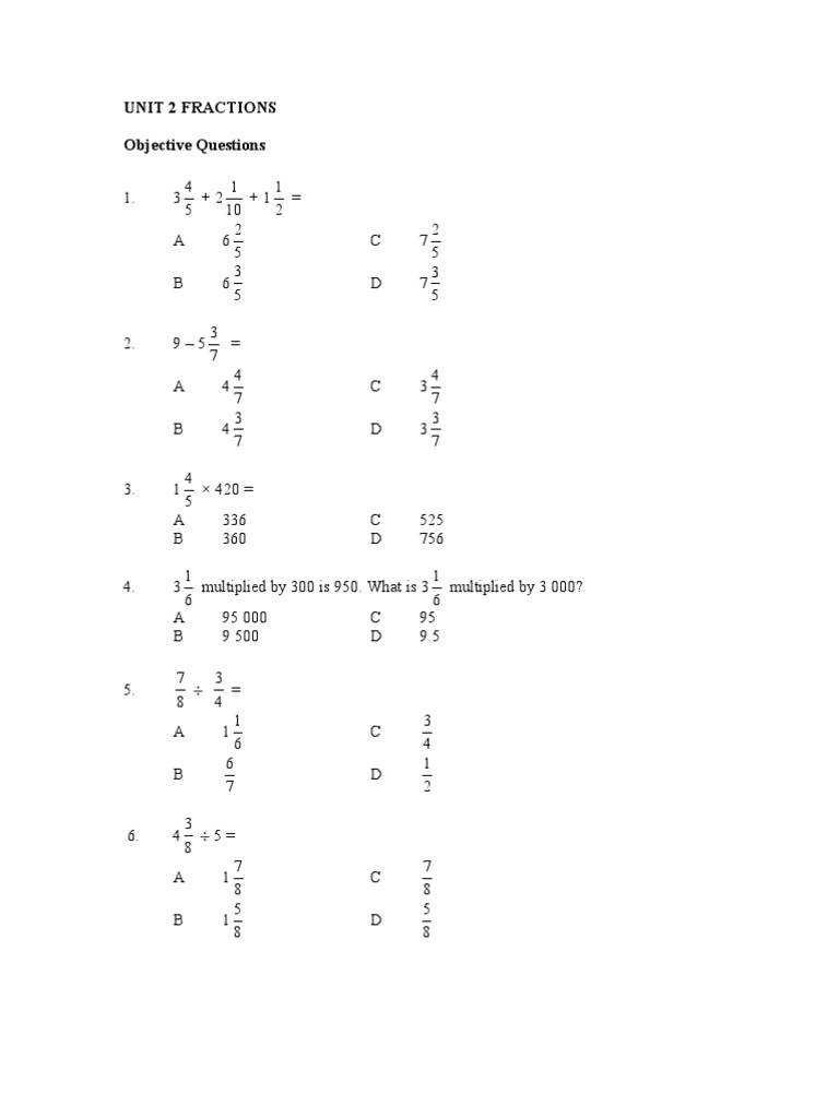 Unit 2 Fractions Objective Questions | PDF | Fraction (Mathematics ...