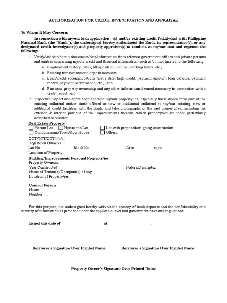 Credit Investigation Authorization Form | PDF | Credit | Finance ...