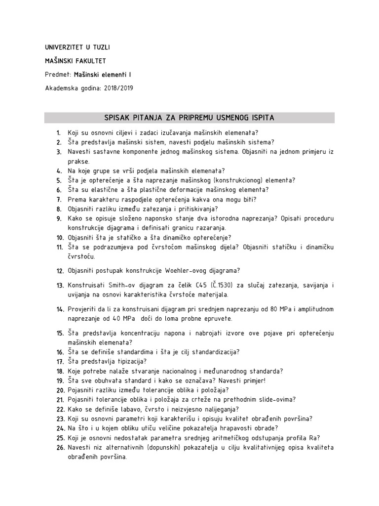 Spisak Pitanja Za Pripremu Teoretskog Dijela Ispita Iz ME1 | PDF