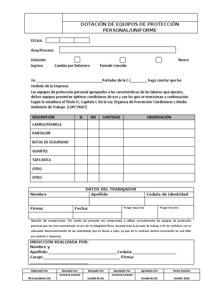 Nuevo Formato de Dotacion de Epp y Uniformes | PDF | Gobierno | Business
