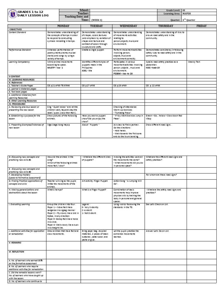 Grade 3 DLL MAPEH 3 Q4 Week 1 | PDF | Learning | Teachers