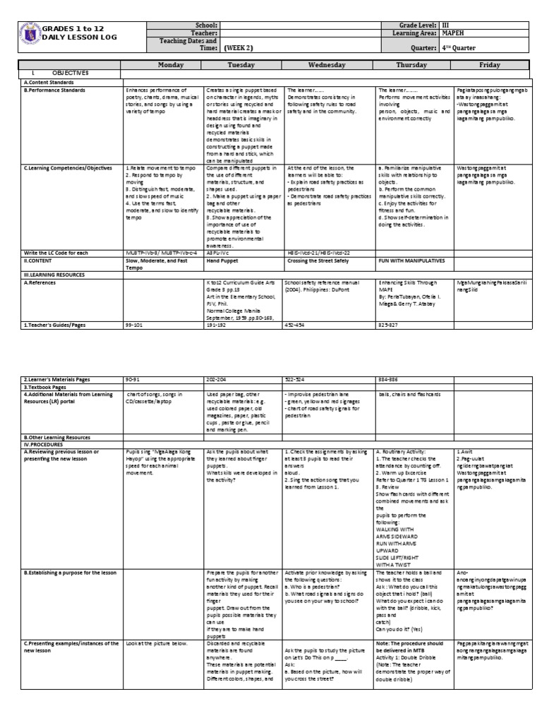 Grade 3 DLL MAPEH 3 Q4 Week 2 | PDF | Puppets | Learning