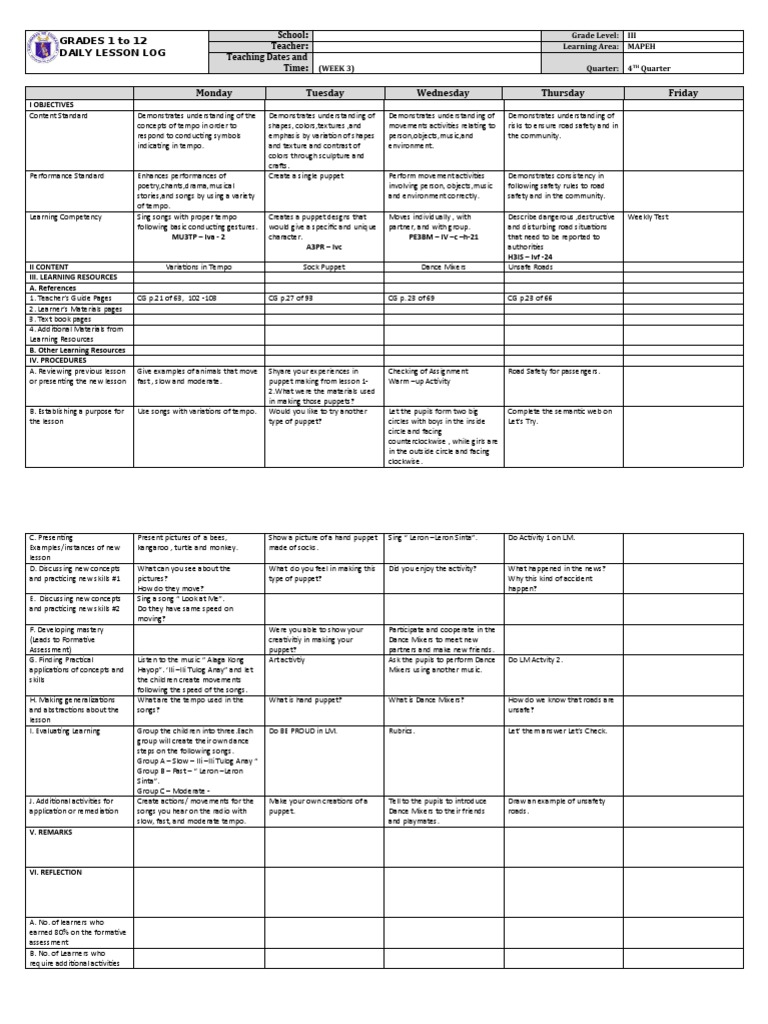 Grade 3 DLL MAPEH 3 Q4 Week 3 | PDF | Puppets | Learning