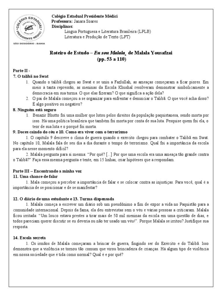Roteiro 2 - Eu Sou Malala | PDF | Talibã | Hijab Roteiro 2 - Eu Sou Malala | PDF | Talibã | Hijab