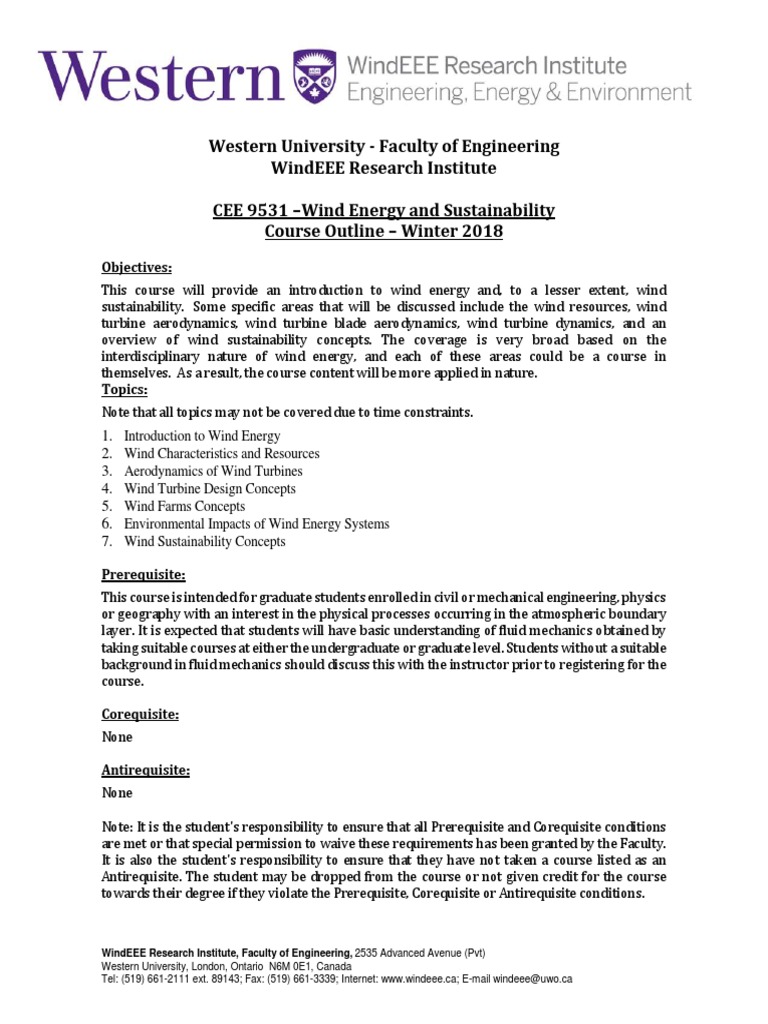 CEE 9531 Wind Energy Course Outline - January - April 2018 | PDF ...