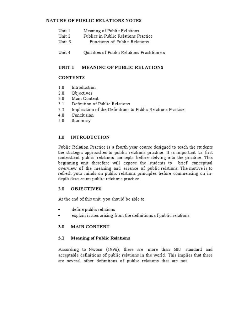 NATURE OF PUBLIC RELATIONS NOTES Unit 1 | PDF | Public Relations ...