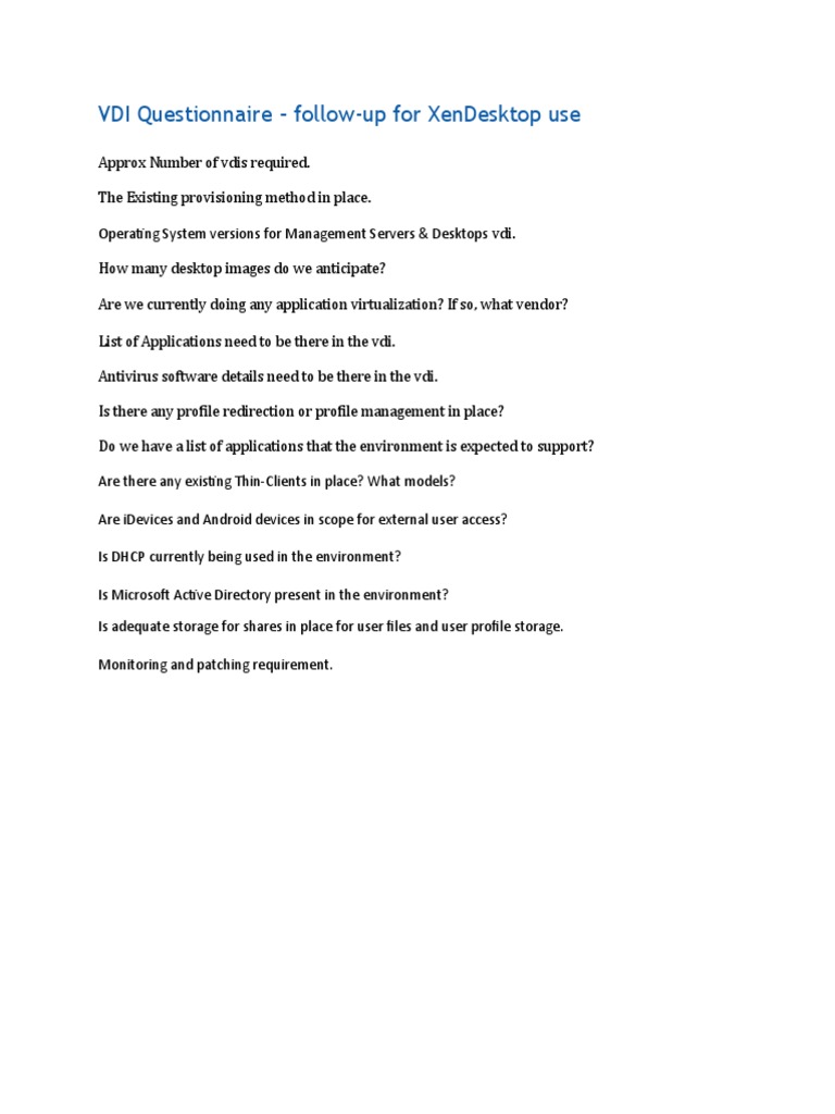 VDI Questionnaire | Download Free PDF | Desktop Virtualization ...