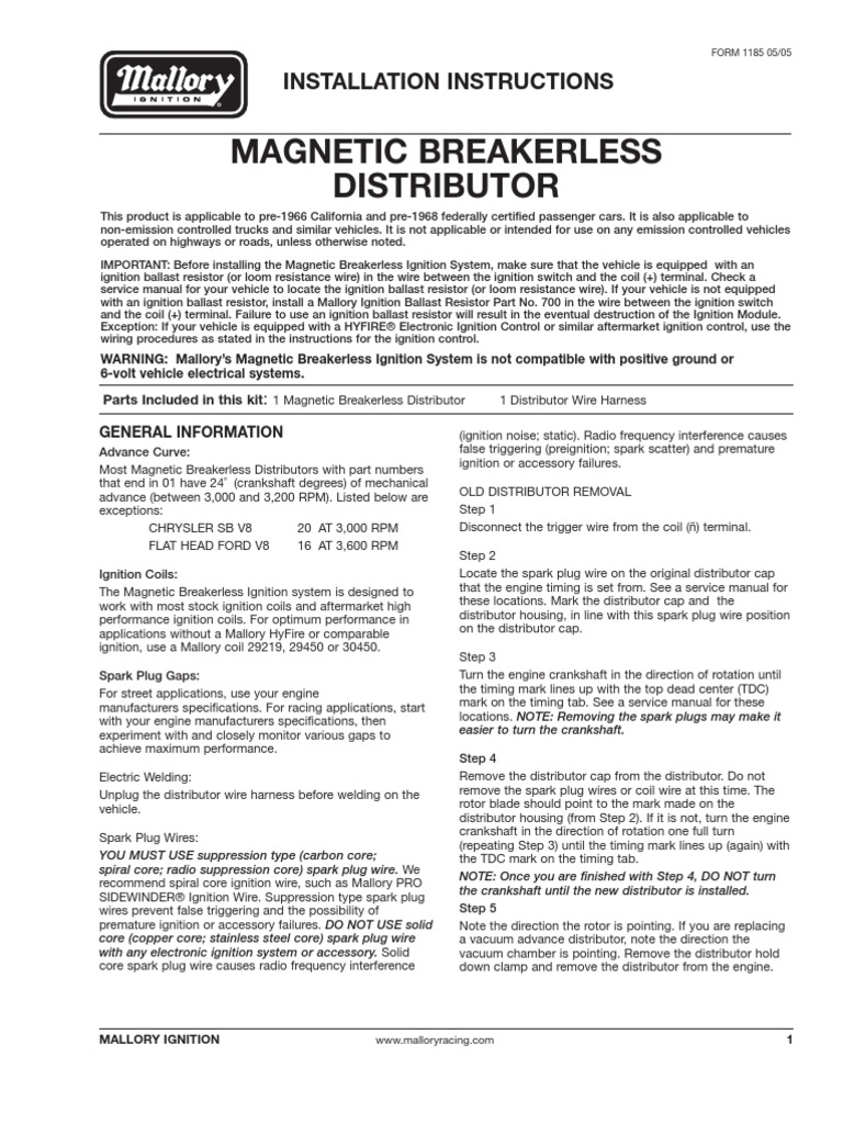 Mallory Installation Instructions | PDF | Distributor | Ignition System