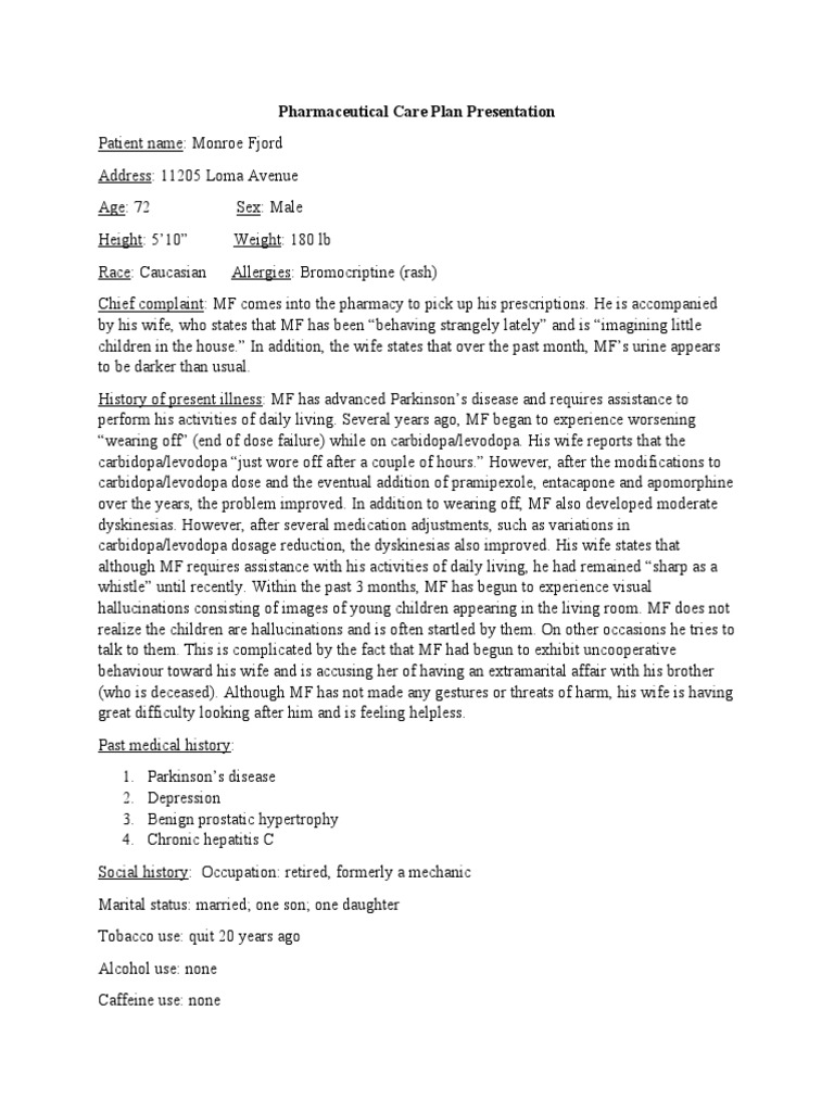 Pharmaceutical Care Plan Presentation | PDF | Parkinson's Disease ...