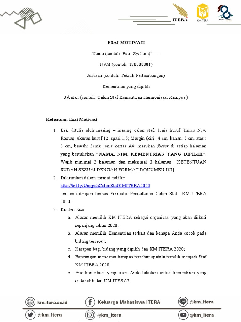 Format Esai Motivasi Calon Staf KM Itera 2020 | PDF